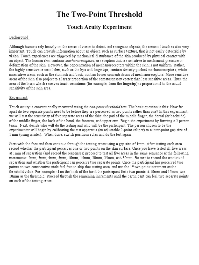 The Two-Point Threshold: Touch Acuity Experiment | PDF | Somatosensory ...