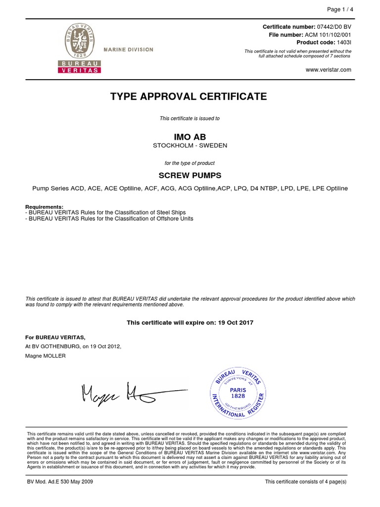 Type Approval Certificate: Imo Ab | PDF | Cast Iron | Pump