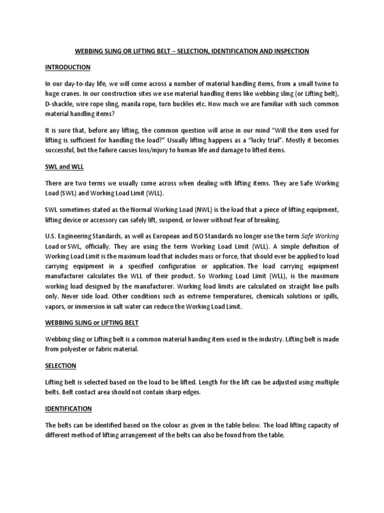 Webbing Sling or Lifting Belt - Selection, Identification and ...