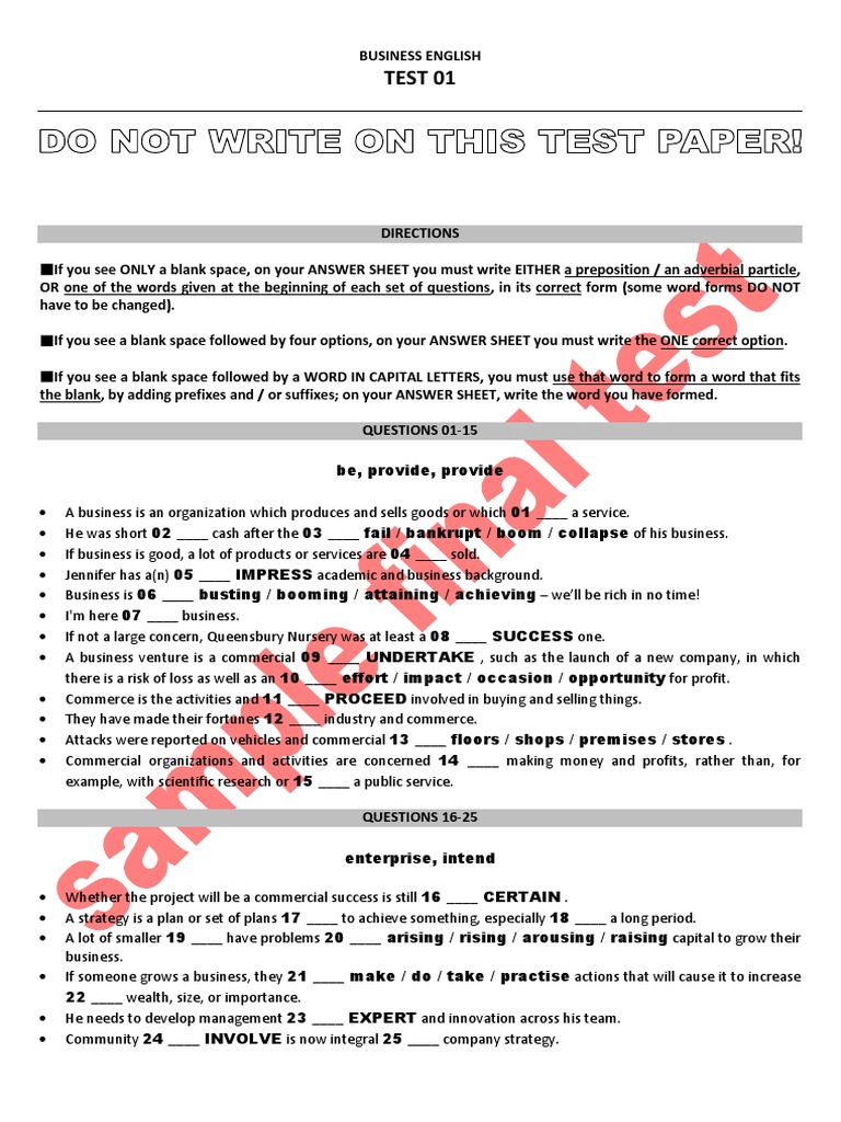 Business English - Test 01 - Sample | PDF | Expert | English Language