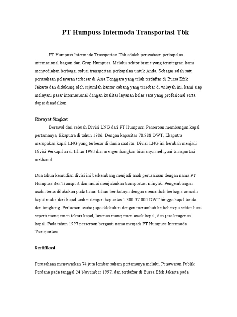 PT Humpuss Intermoda Transportasi TBK | PDF