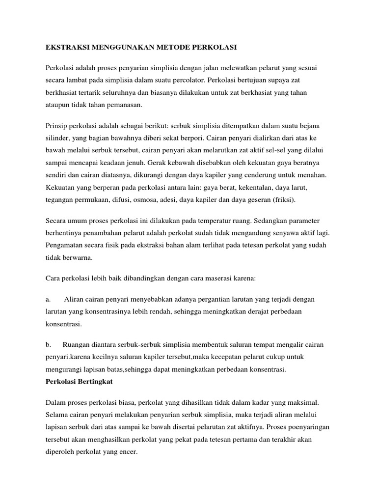 Ekstraksi Menggunakan Metode Perkolasi | PDF