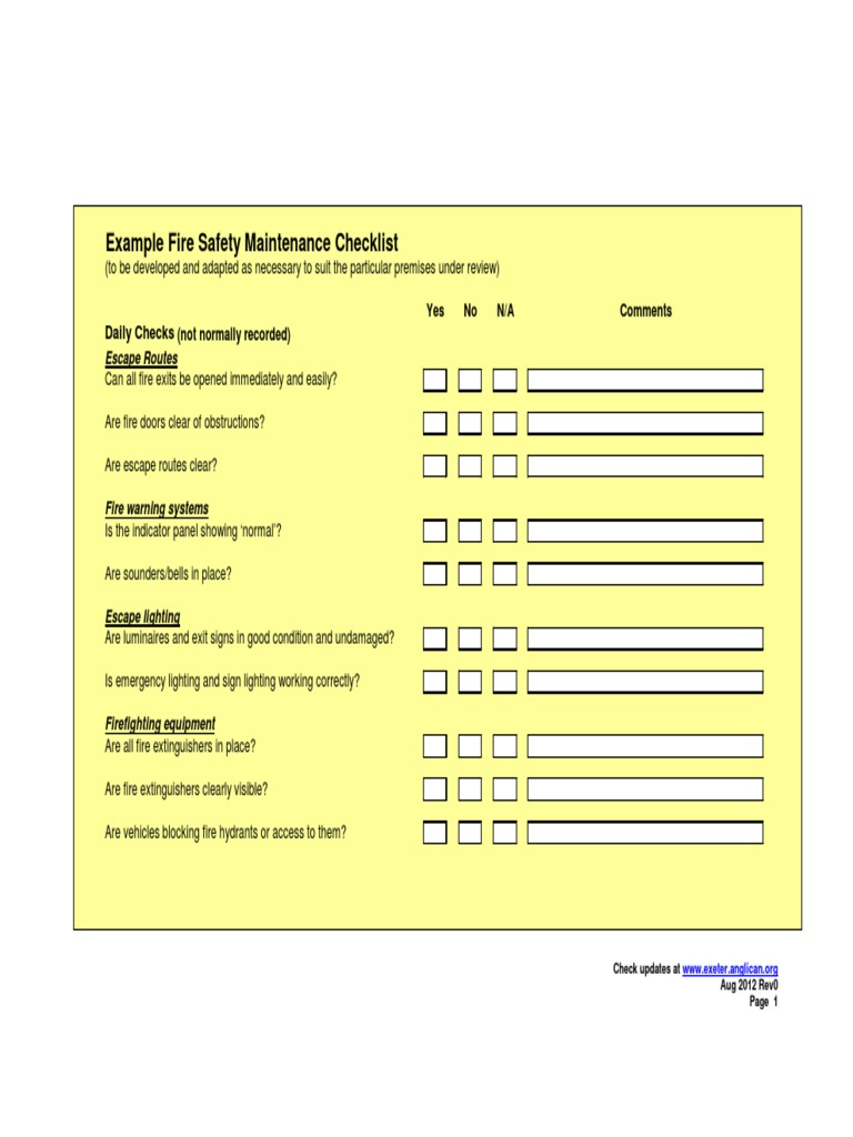 Example Fire Safety Maintenance Checklist: Daily Checks | PDF | Fire ...
