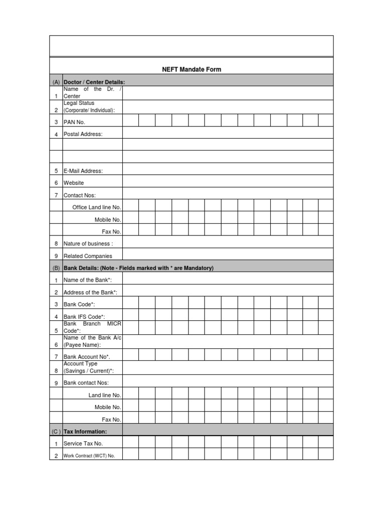 NEFT Mandate Form | Payments | Cheque