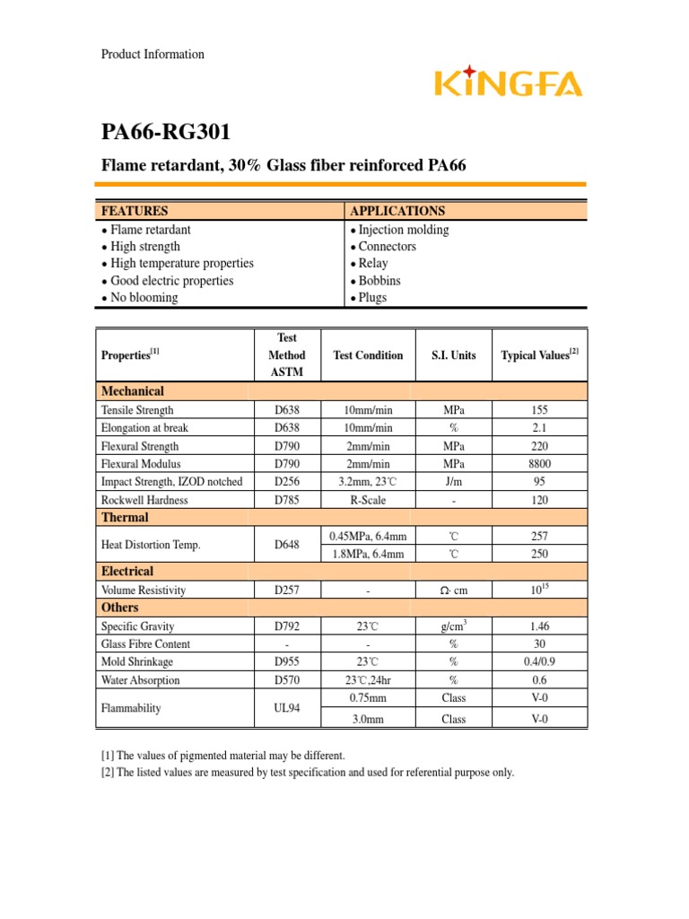 PA66-RG301: Flame Retardant, 30% Glass Fiber Reinforced PA66 | PDF ...