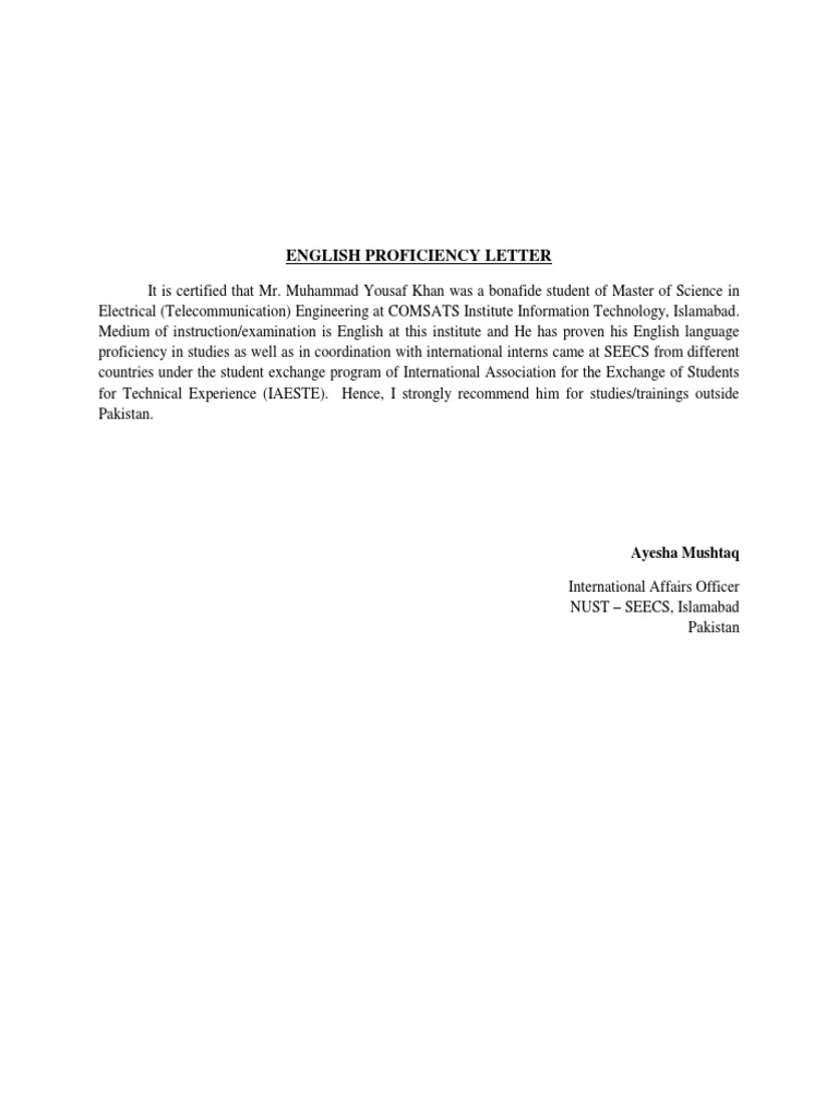 English Proficiency Letter for Mr. Khan | PDF