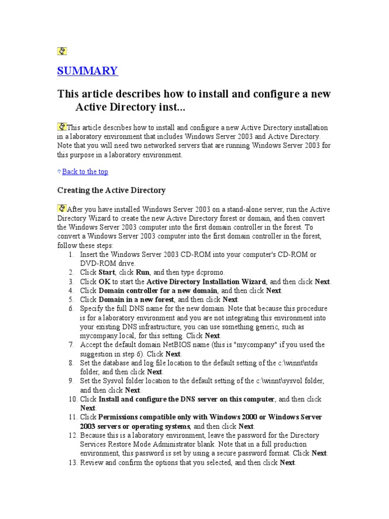 Installing and Configuring an Active Directory Domain in a Lab ...