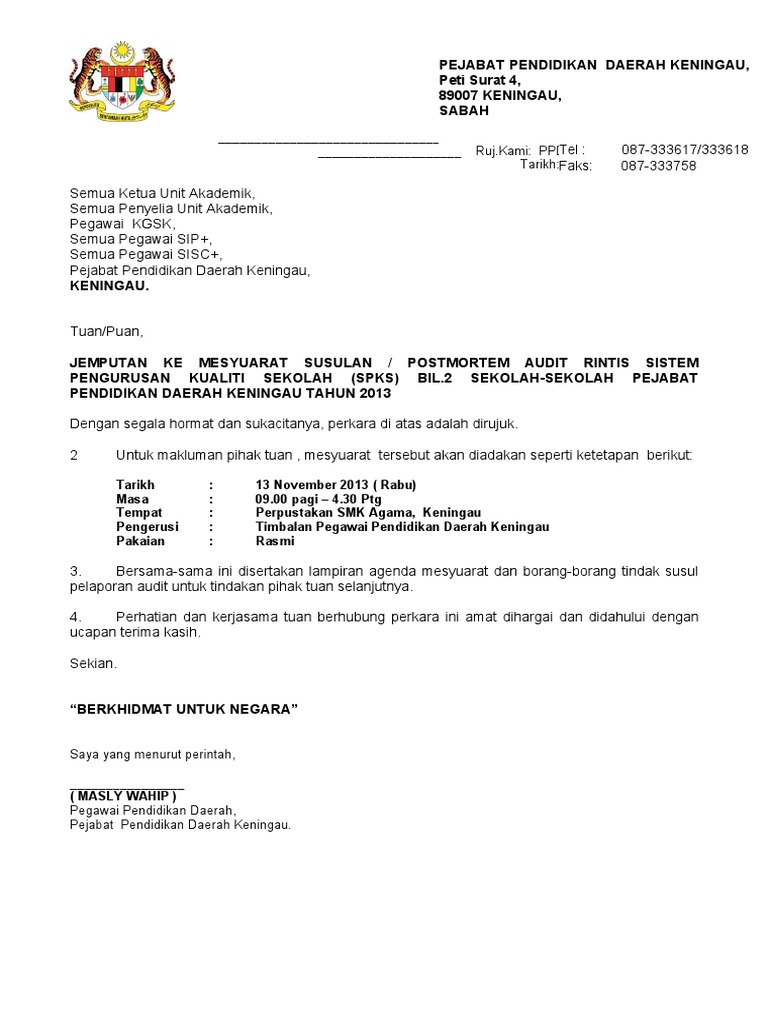 Format Laporan Dan Surat Jemputan Mesyuarat Audit Rintis PPD | PDF
