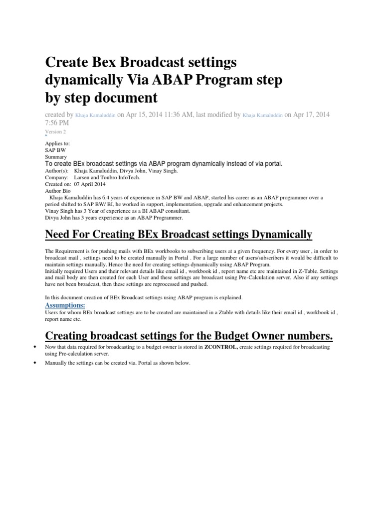 Create Bex Broadcast Settings Dynamically Via Abap Program Step By Step