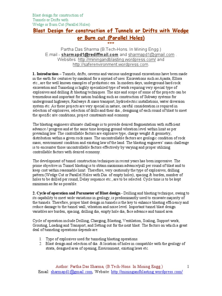 Tunnel Blasting Design: Wedge & Burn Cuts | PDF | Tunnel | Drilling