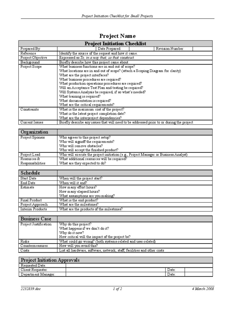 Project Initiation Checklist for Small Projects | Project Manager ...