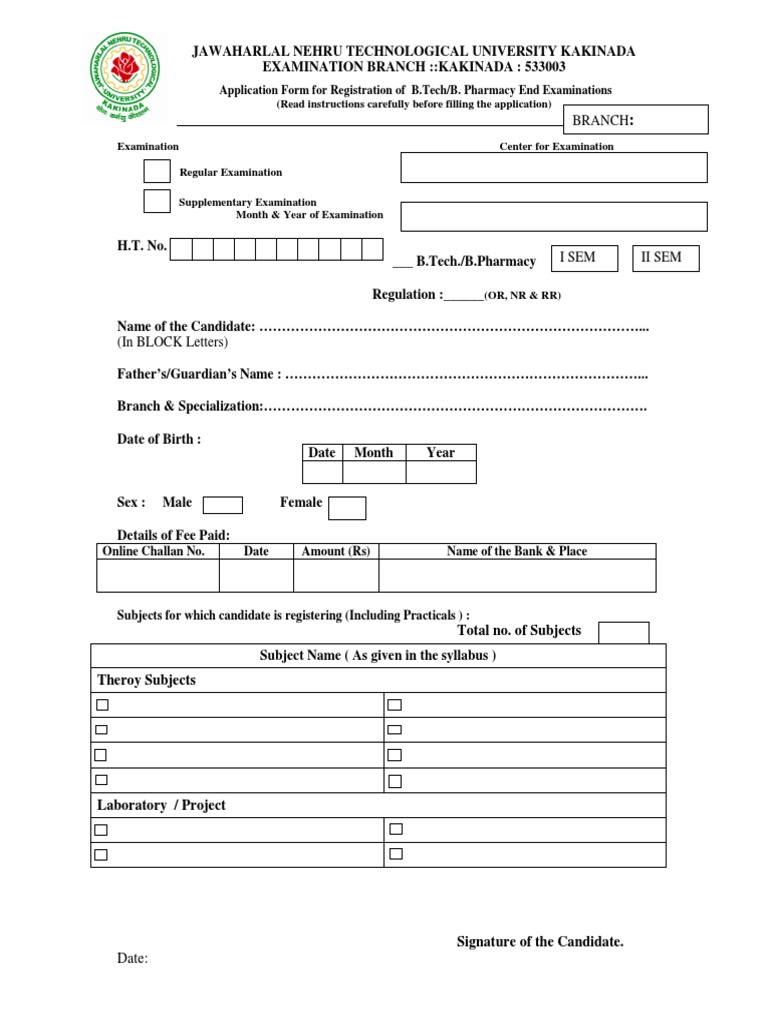 B.Tech/B.Pharmacy Exam Registration Form | PDF