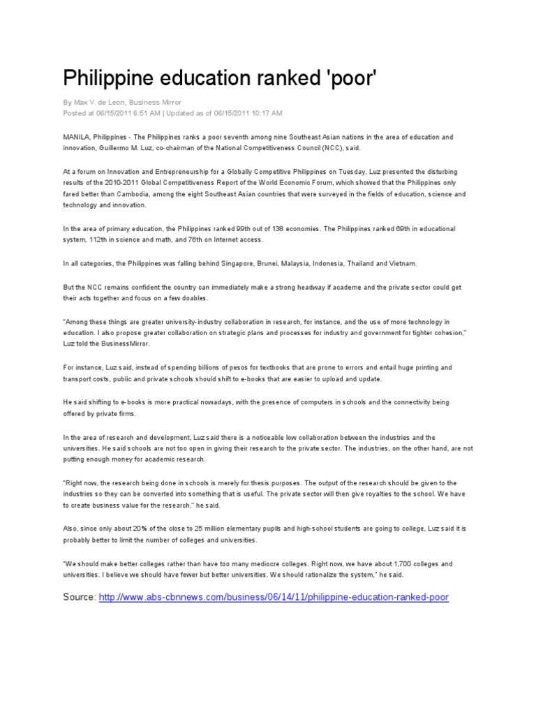 Philippine Education Ranking | Philippines | Science And Technology