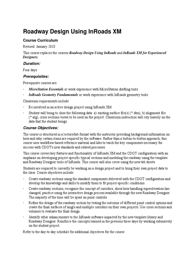 Roadway Design Using InRoads XM - Curriculum | PDF | Curriculum ...