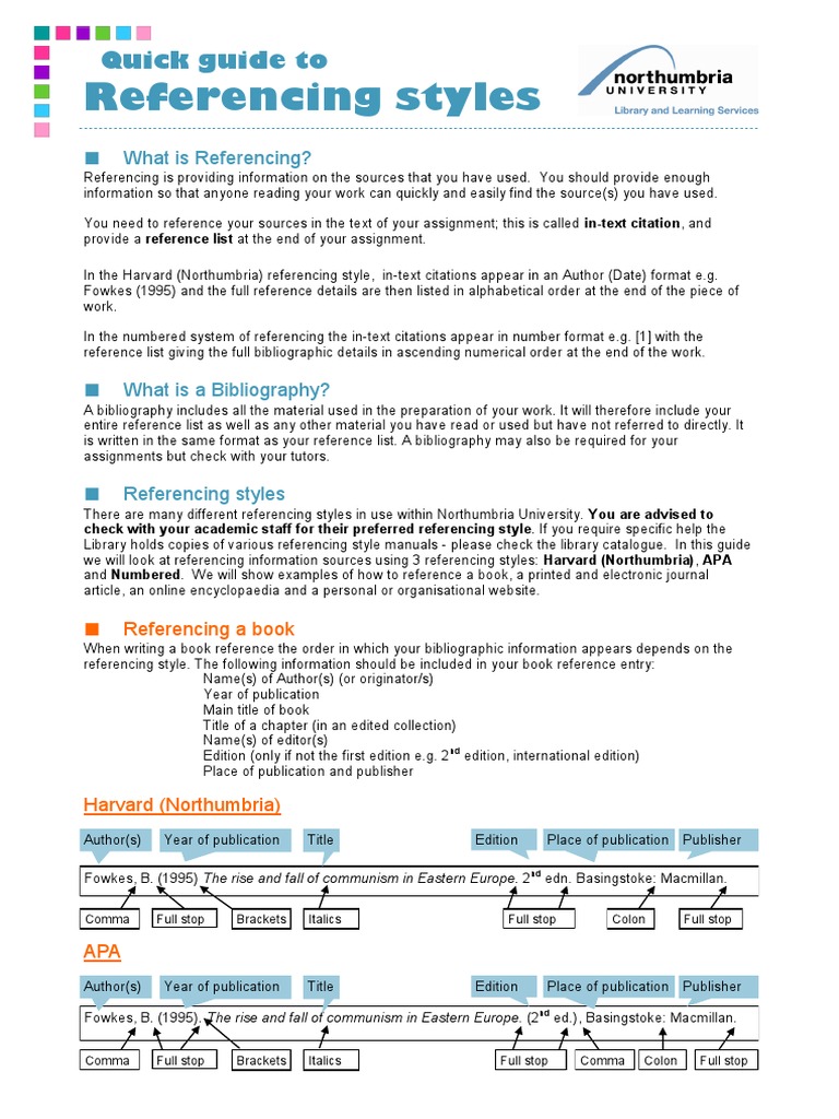 Referencing Styles - Northumbria University | PDF | Citation | Bibliography