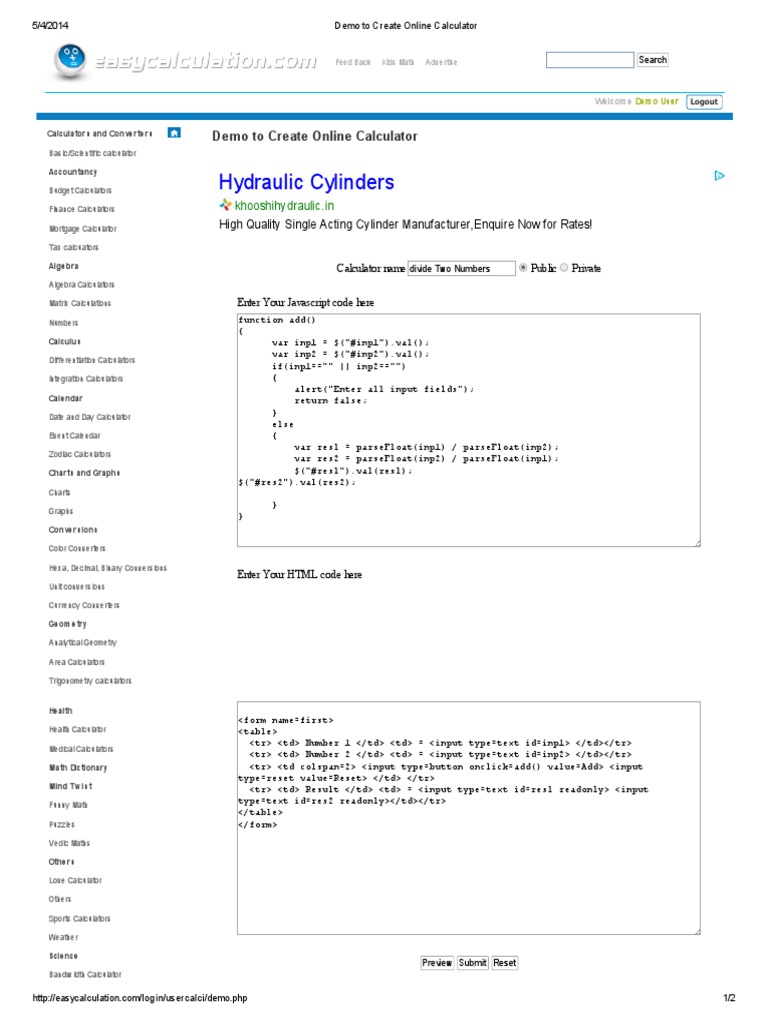 Demo To Create Online Calculator | PDF | Calculator | Teaching Mathematics