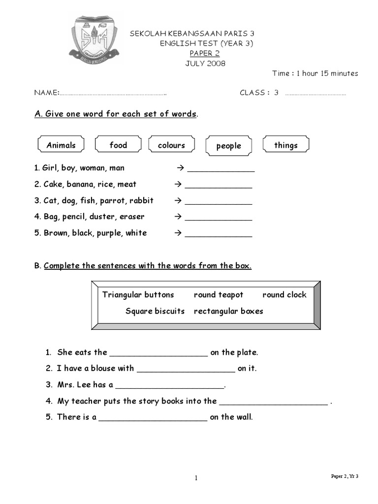 English Year 3, Paper2 | PDF