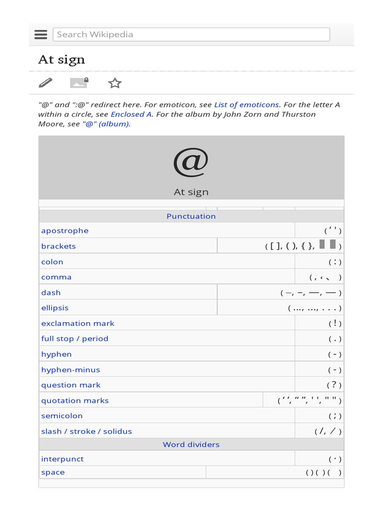 At Sign: Search Wikipedia | PDF | Punctuation | Encodings