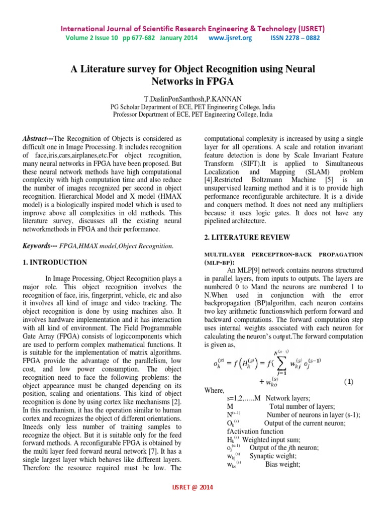 A Literature Survey For Object Recognition Using Neural Networks In Fpga Pdf Visual Cortex 