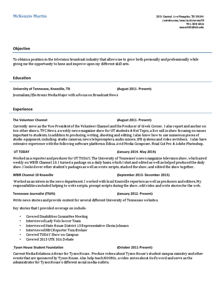 Mckenzie Resume | Download Free PDF | Nbc Universal | National ...