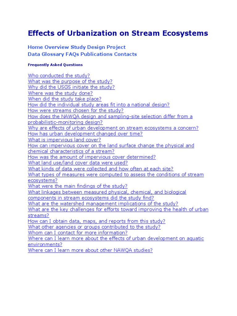 Effects of Urbanization On Stream Ecosystems: Home Study Design Project ...