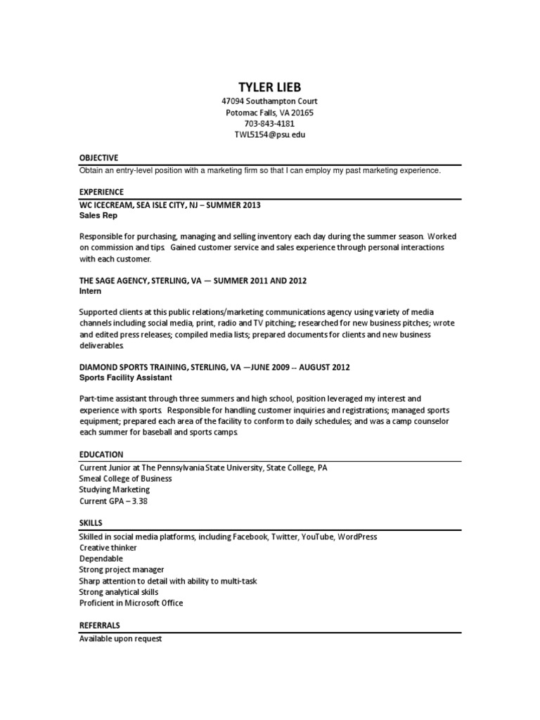 Entry-Level Marketing Resume for Tyler Lieb | PDF