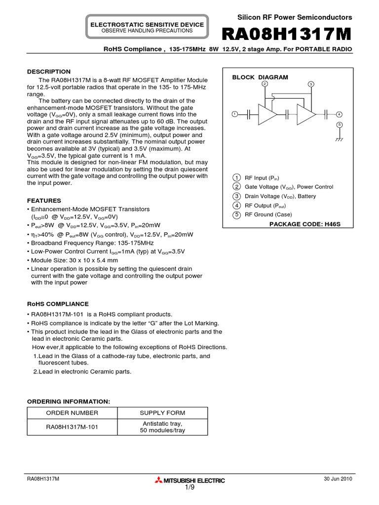 Ra08h1317m Mitsubishi VHF Power Module, 135-175 MHZ, 8W, 12.5V | PDF ...