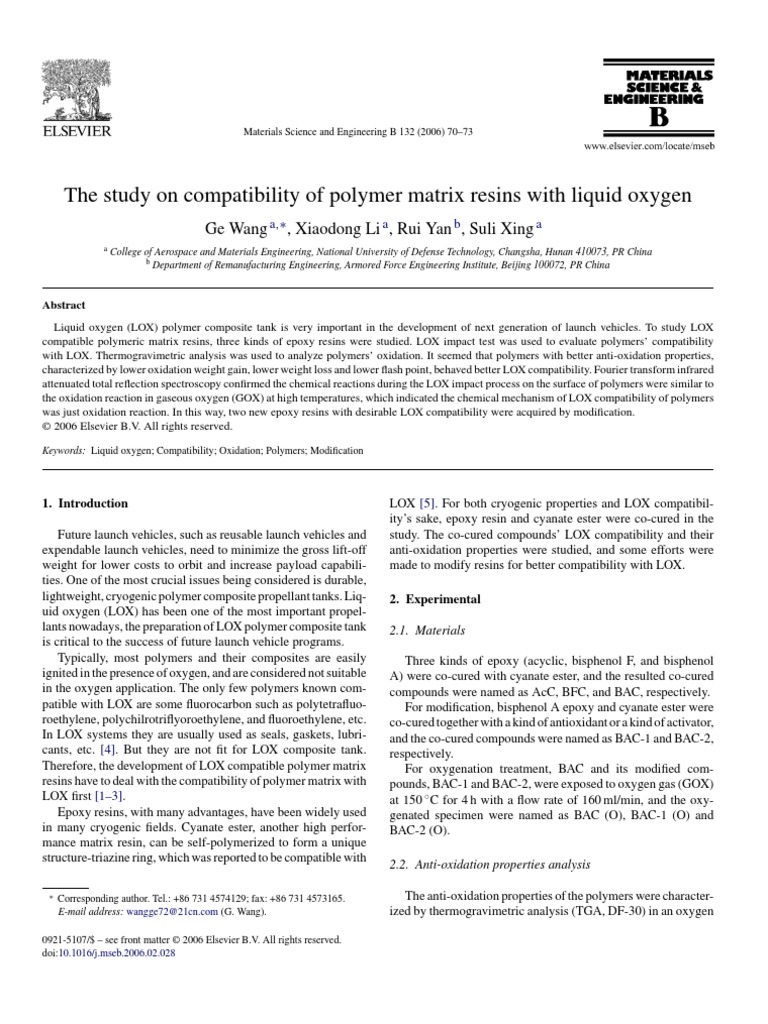 The Study On Compatibility of Polymer Matrix Resins With Liquid Oxygen ...