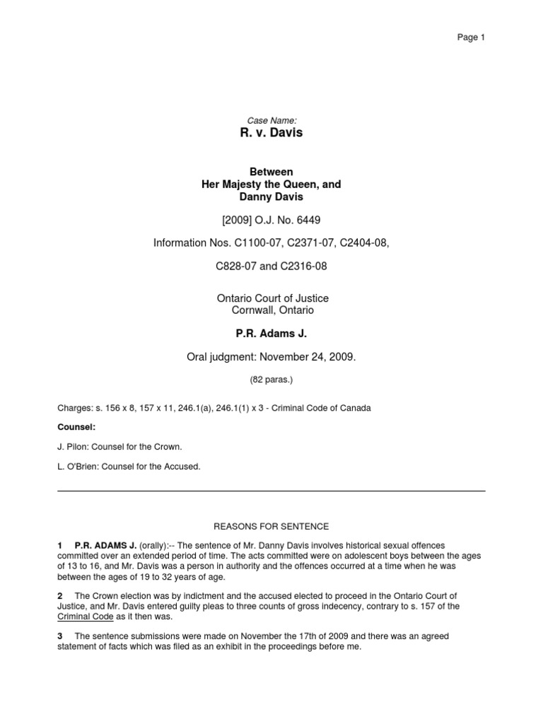 R. v. Davis: Sentencing for Sexual Offences | PDF | Presentence ...