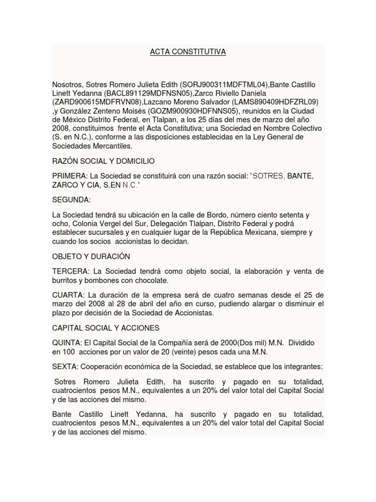 Acta Constitutiva | PDF | Liquidación | Compartir (Finanzas)