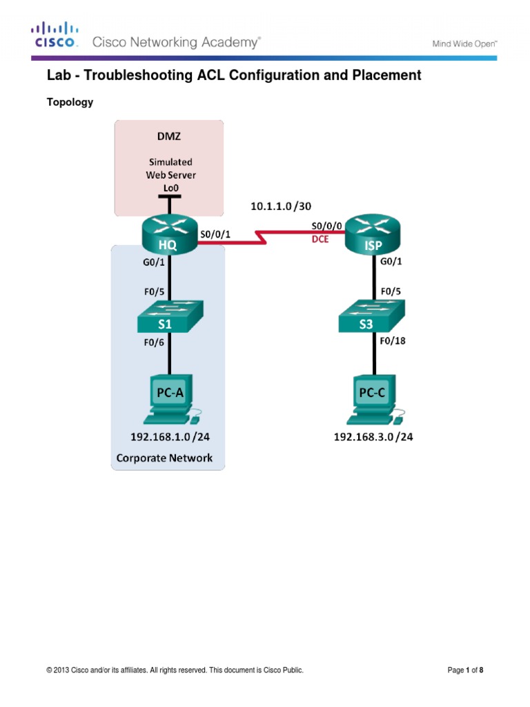 9.4.2.7 Lab - Troubleshooting ACL Configuration and Placement | PDF ...