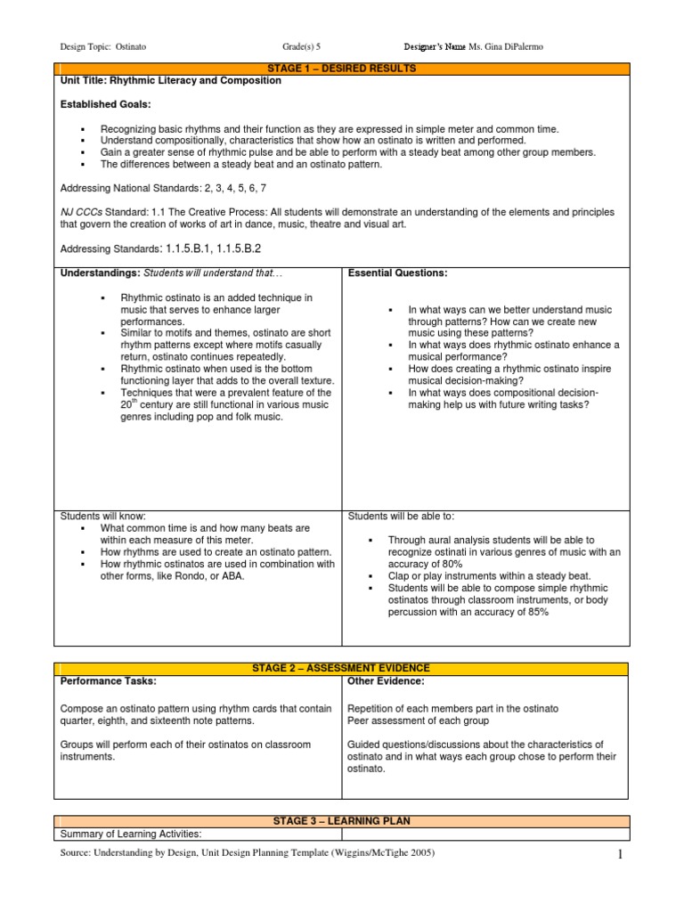 Ubd Rhythmic Ostinato Lesson Plan | PDF | Rhythm | Behavior Modification