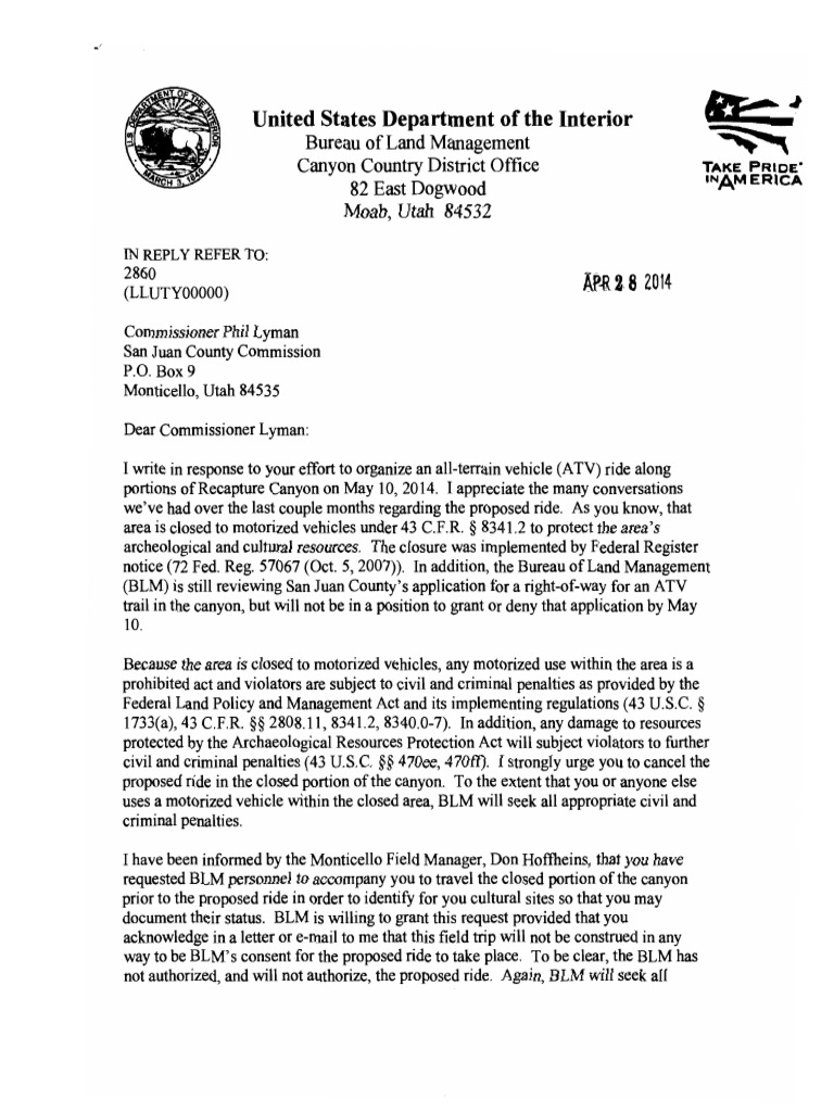 BLM Letter On Recapture | PDF