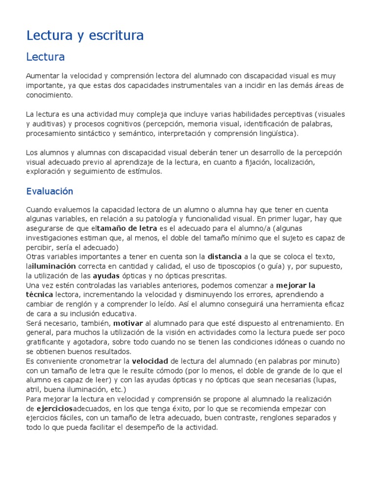 Mejora de la Lectura en Discapacidad Visual | PDF | Lectura (proceso ...
