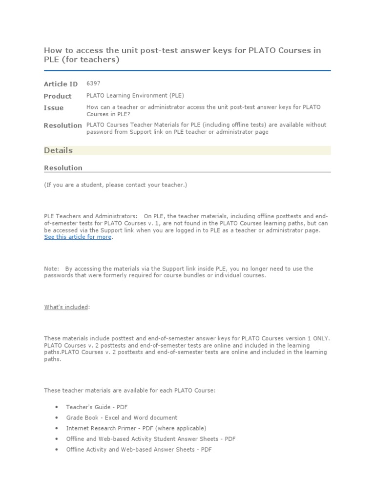 How To Access Unit Post Test Answer Keys For Plato Courses | PDF ...