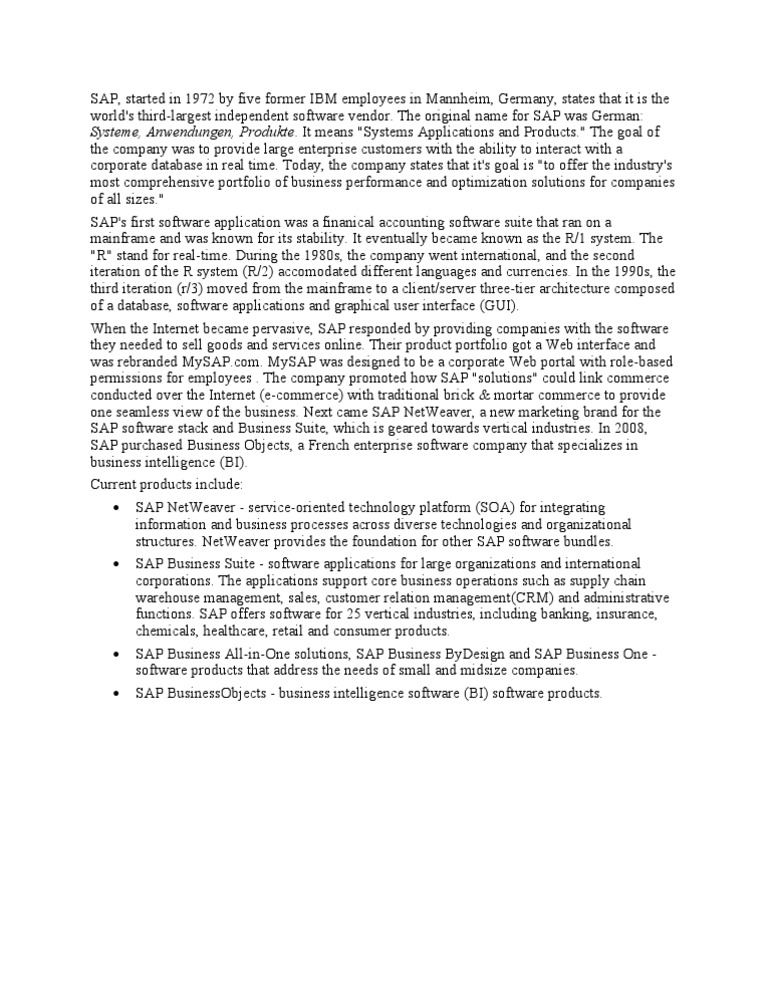 SAP, Started in 1972 by Five Former IBM Employees in | PDF | Sap Se ...