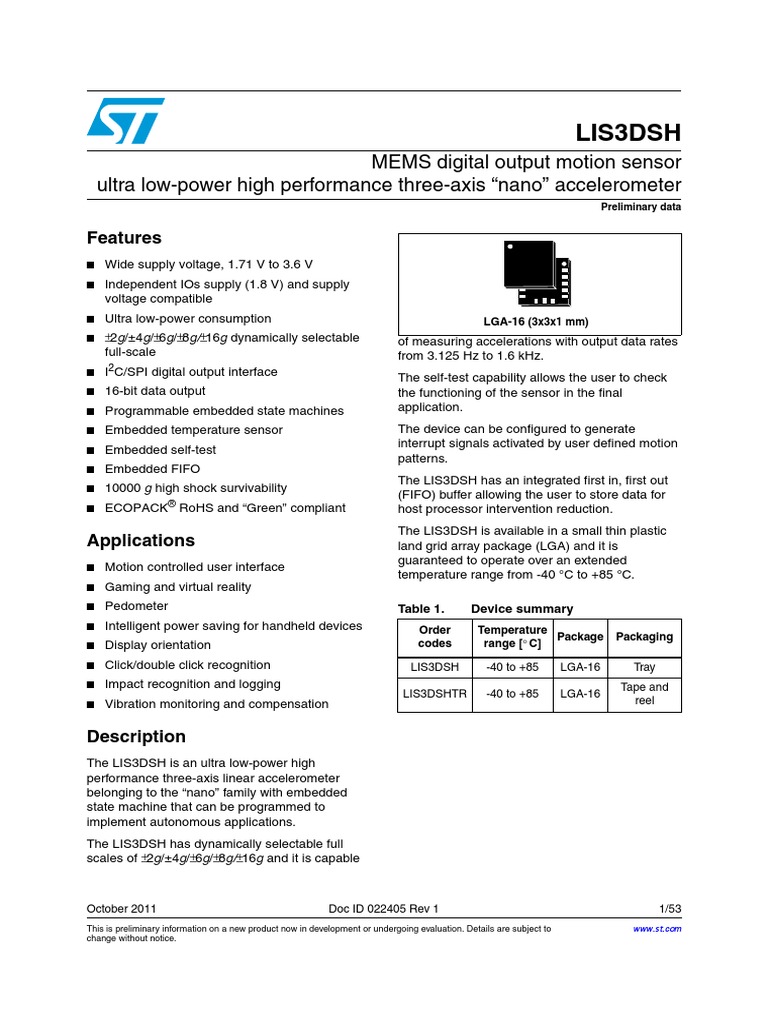 Lis3Dsh: MEMS Digital Output Motion Sensor Ultra Low-Power High Performance Three-Axis "Nano ...