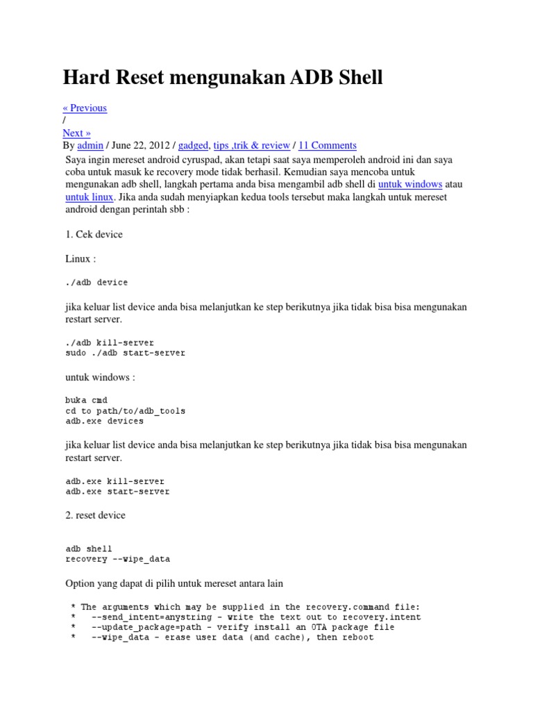Hard Reset Mengunakan ADB Shell Android | PDF | Bisnis | Komputer
