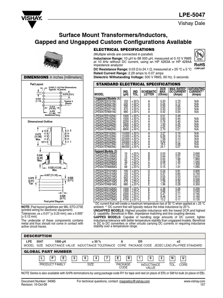 Surface Mount Transformers/Inductors Technical Specifications and ...