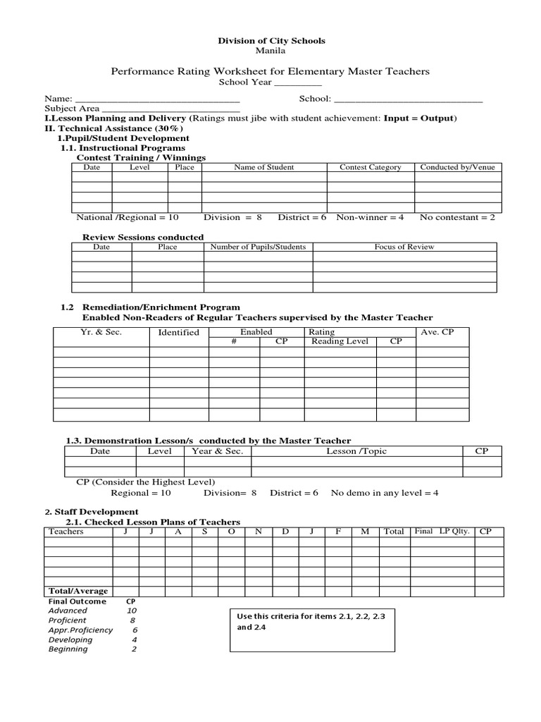 Performance Rating Worksheet (Elem.) | Diploma | Teachers