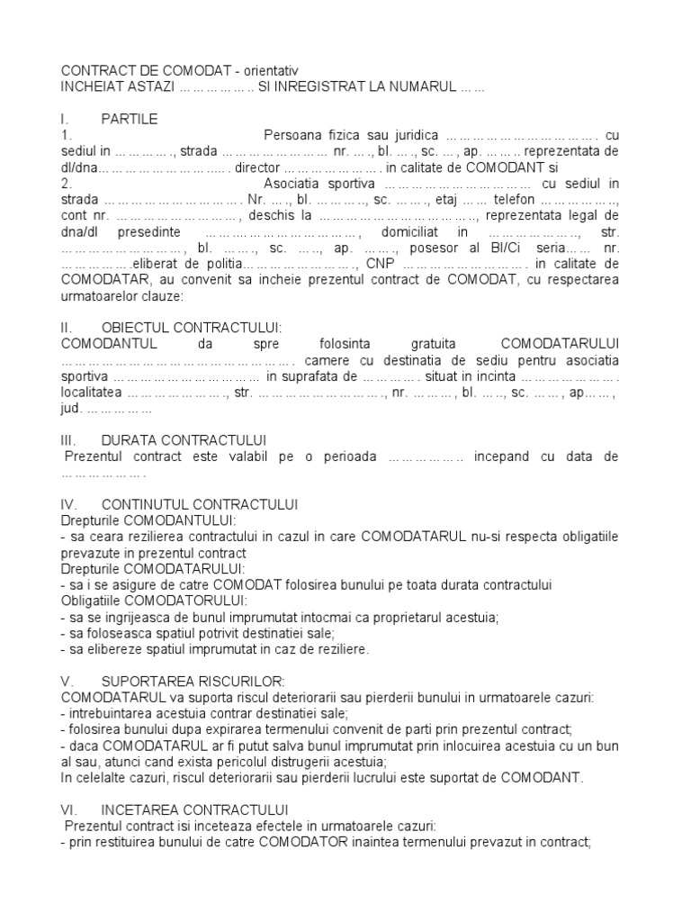 Contract de Comodat - Model | PDF