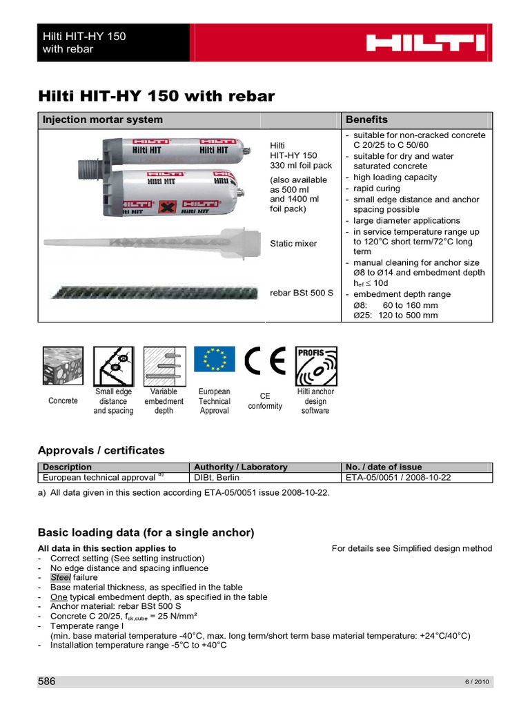Hilti HIT-HY 150 Data Sheet | PDF | Concrete | Applied And ...