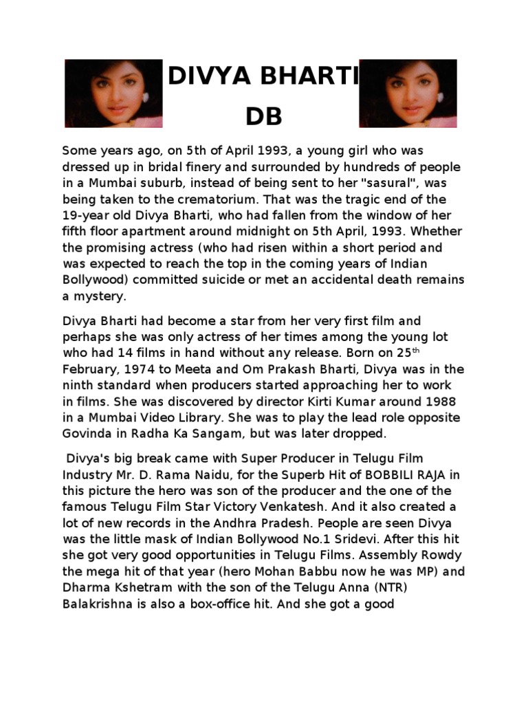 Biography of Divya Bharti by Manasvi Raj Mehta | PDF | Cinema Of India ...