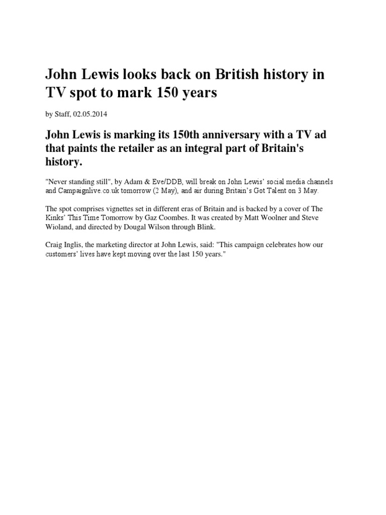 John Lewis Looks Back On British History in TV Spot To Mark 150 Years | PDF