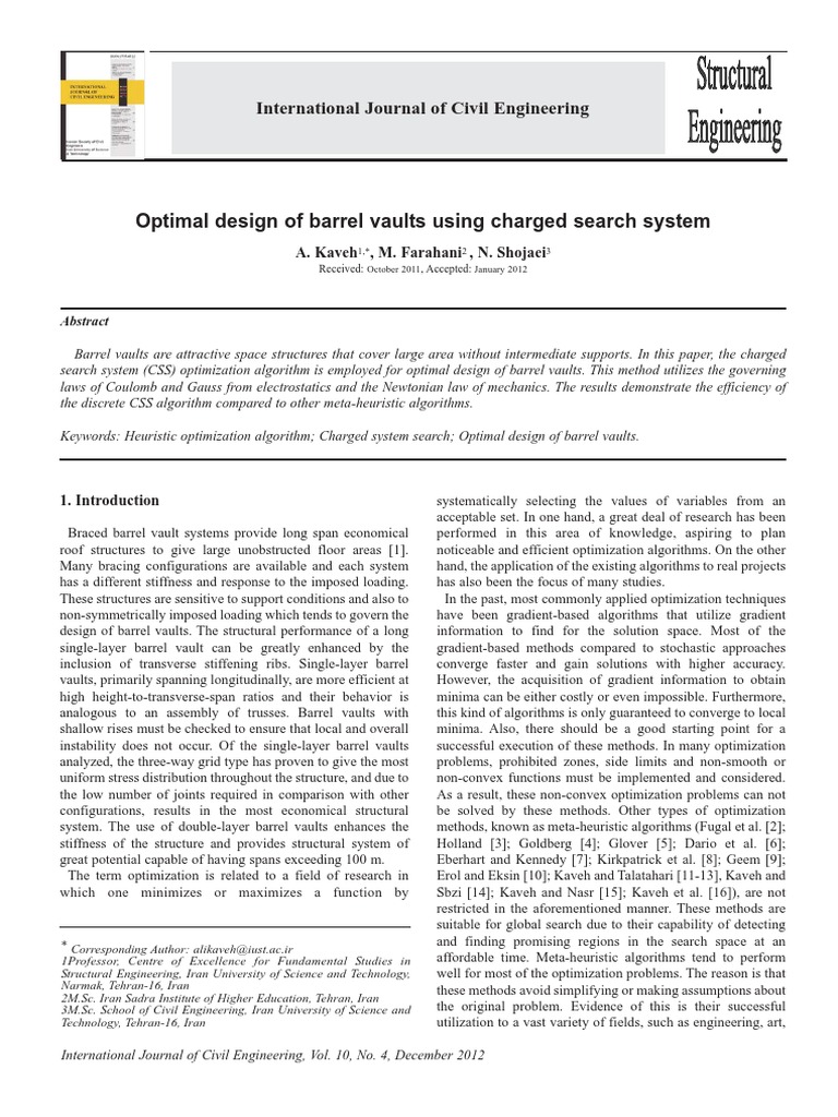 Optimal Design of Barrel Vaults Using Charged Search System | PDF | Metaheuristic | Mathematical ...