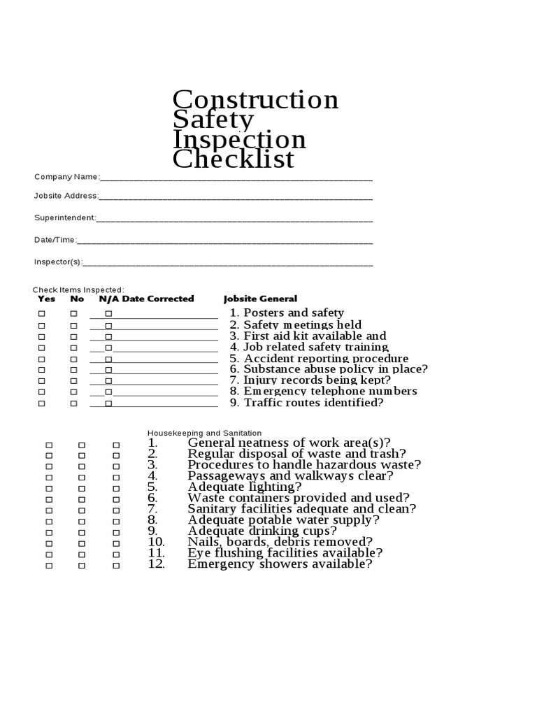 Construction Safety Inspection Checklist | Equipment | Manufactured Goods