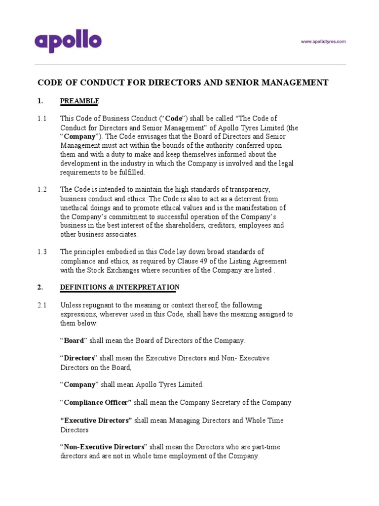 Code of Conduct For Directors and Senior Management: Preamble | PDF ... Code of Conduct For Directors and Senior Management: Preamble | PDF ...