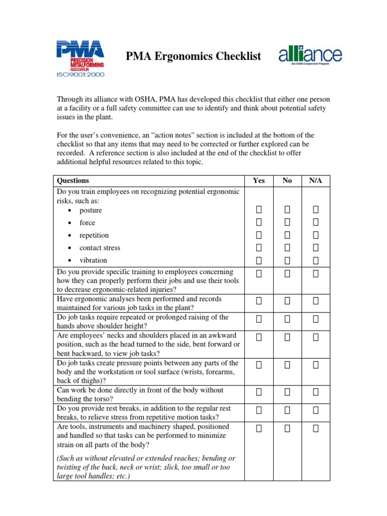 PMA Ergonomics Checklist: Questions Yes No N/A | PDF | Wellness | Medical