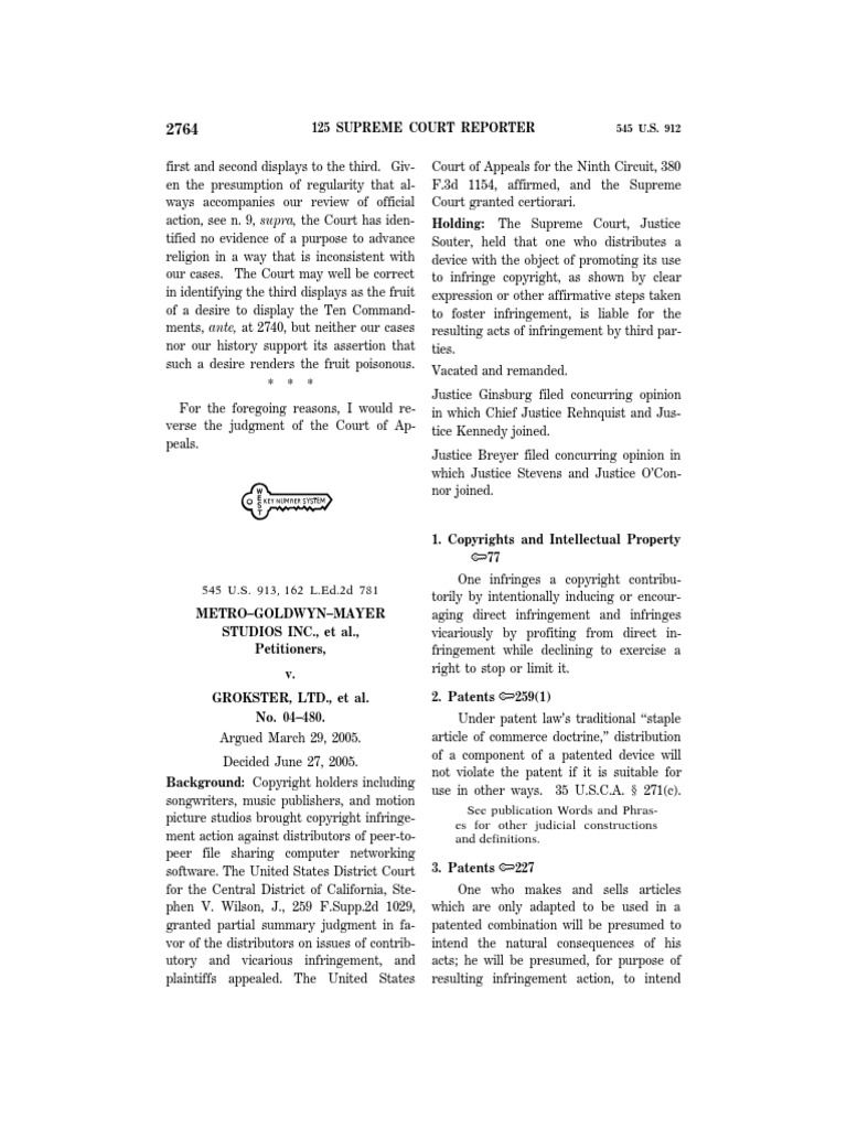Metro Goldwyn Mayers Studios Inc. vs. Grokster, Ltd. 545 Us 913 | PDF ...