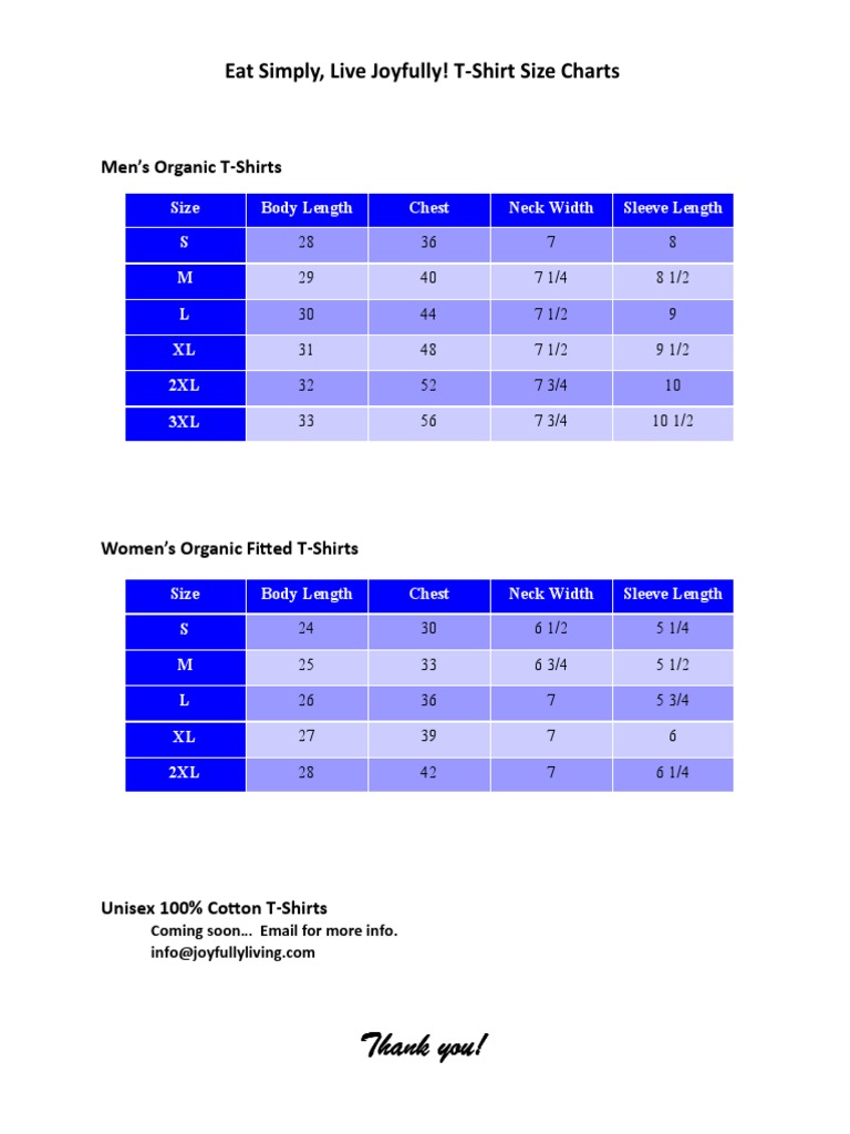 Organic T-Shirt Size Charts Guide | PDF | Lifestyle